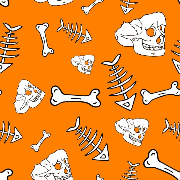 Seamless pattern made of skulls and bones in engravig style on orange ...