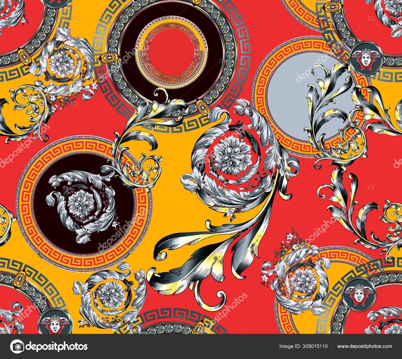 Endless Baroque Print Pattern Black Red Yellow Colors Stock Photo by ...