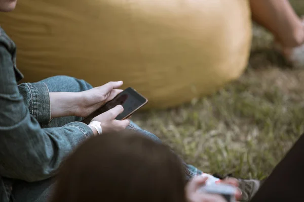 Phone addiction problem of new generation. Series of photos people with ...