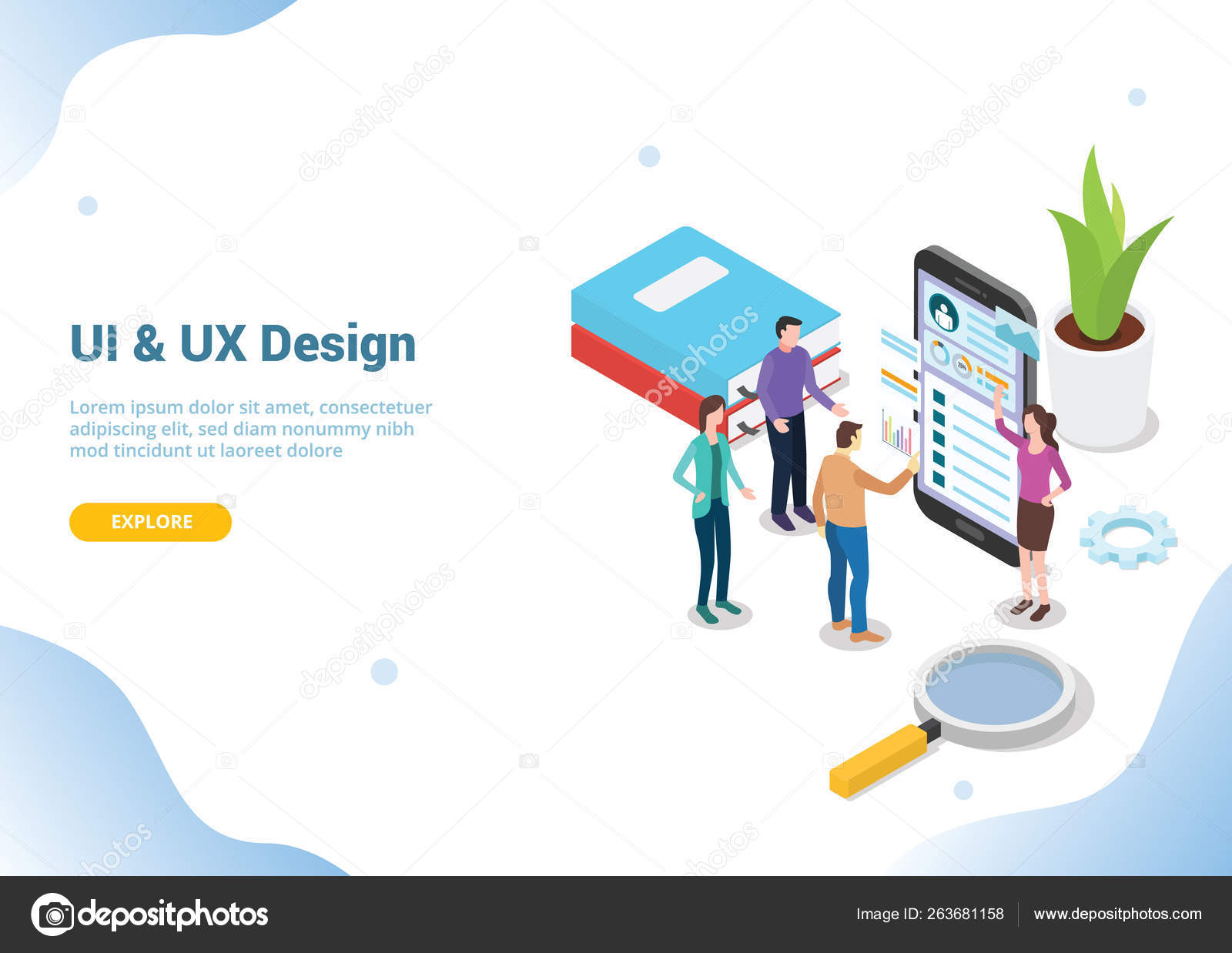 Isometric ui and ux designer concept with team people working on ...