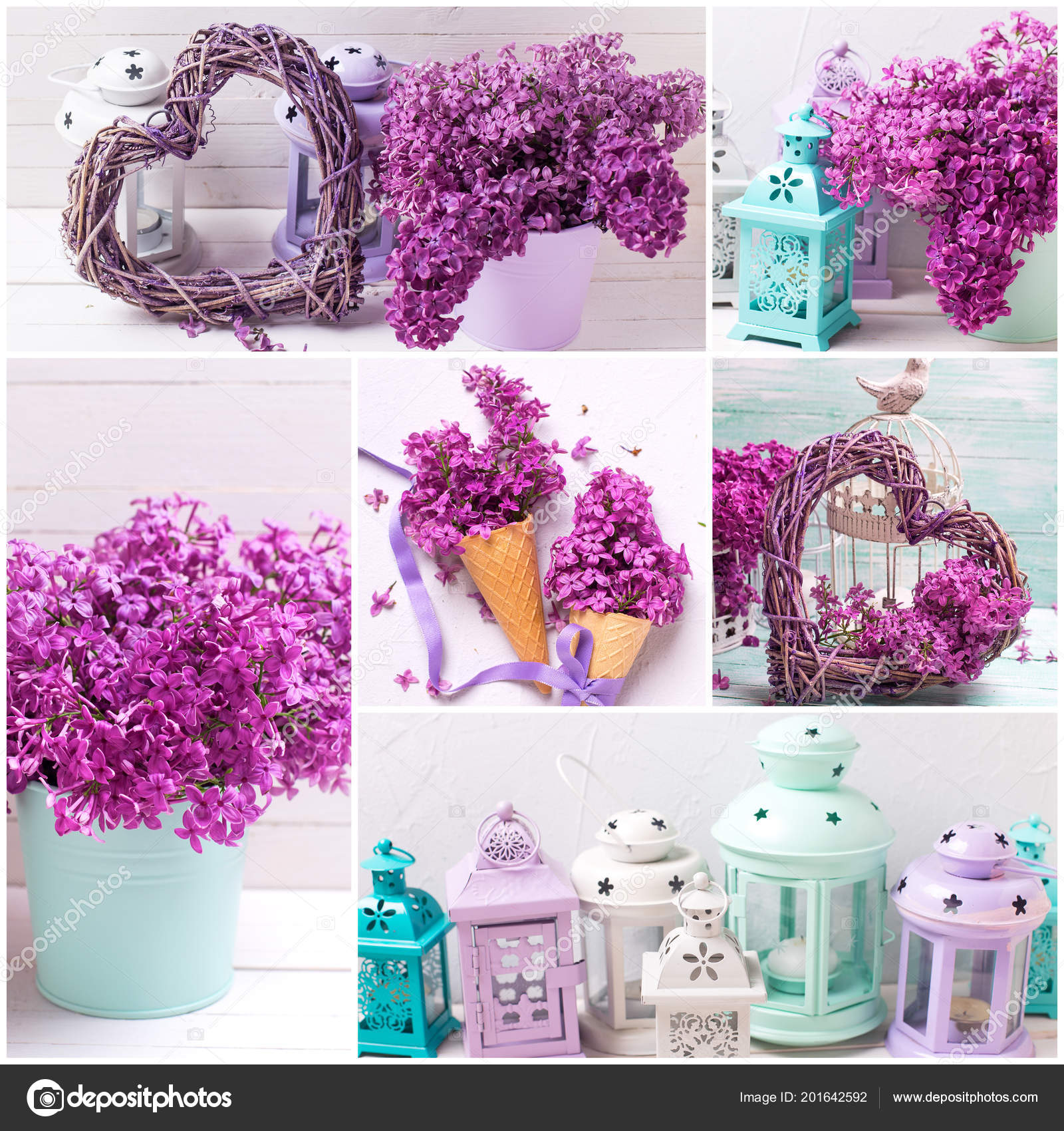 Collage Spring Violet Lilac Flowers Pastel Color Different Lanterns ...