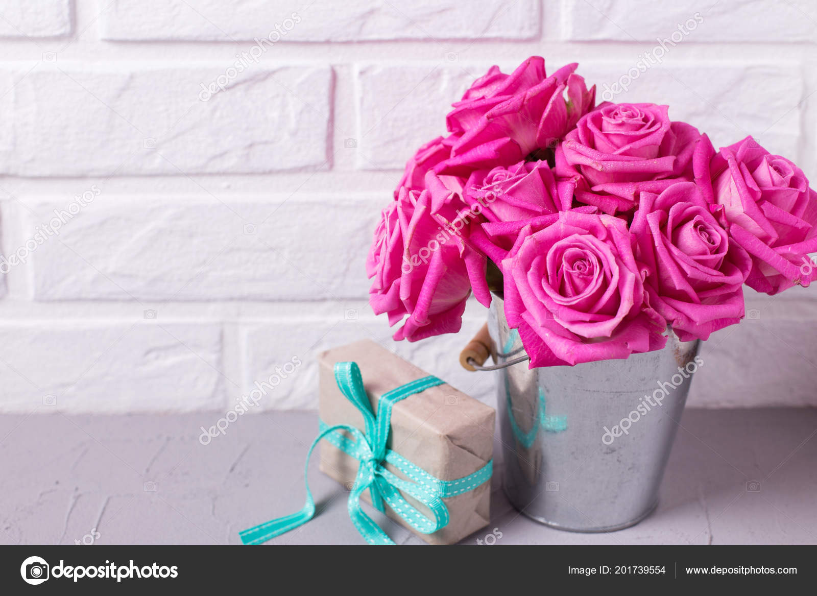 Bright Pink Roses Flowers Bucket Wrapped Box Wih Present Grey Stock ...