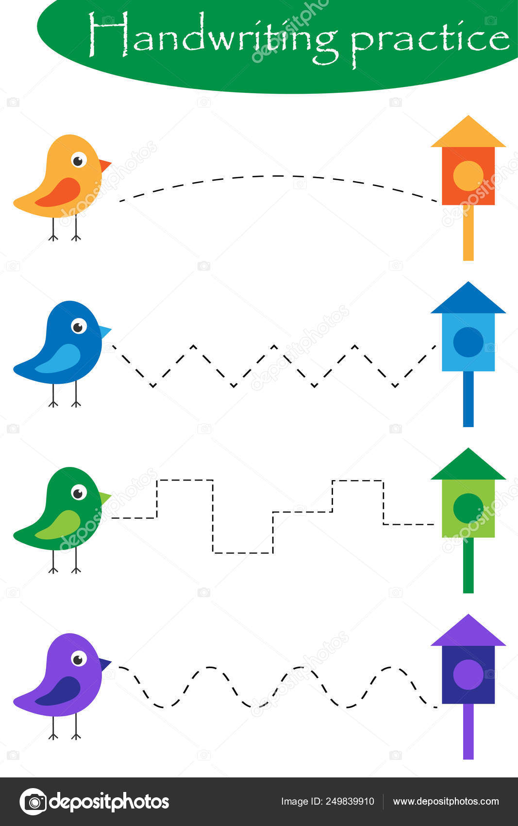 Birds and nesting boxes, spring handwriting practice sheet, kids ...