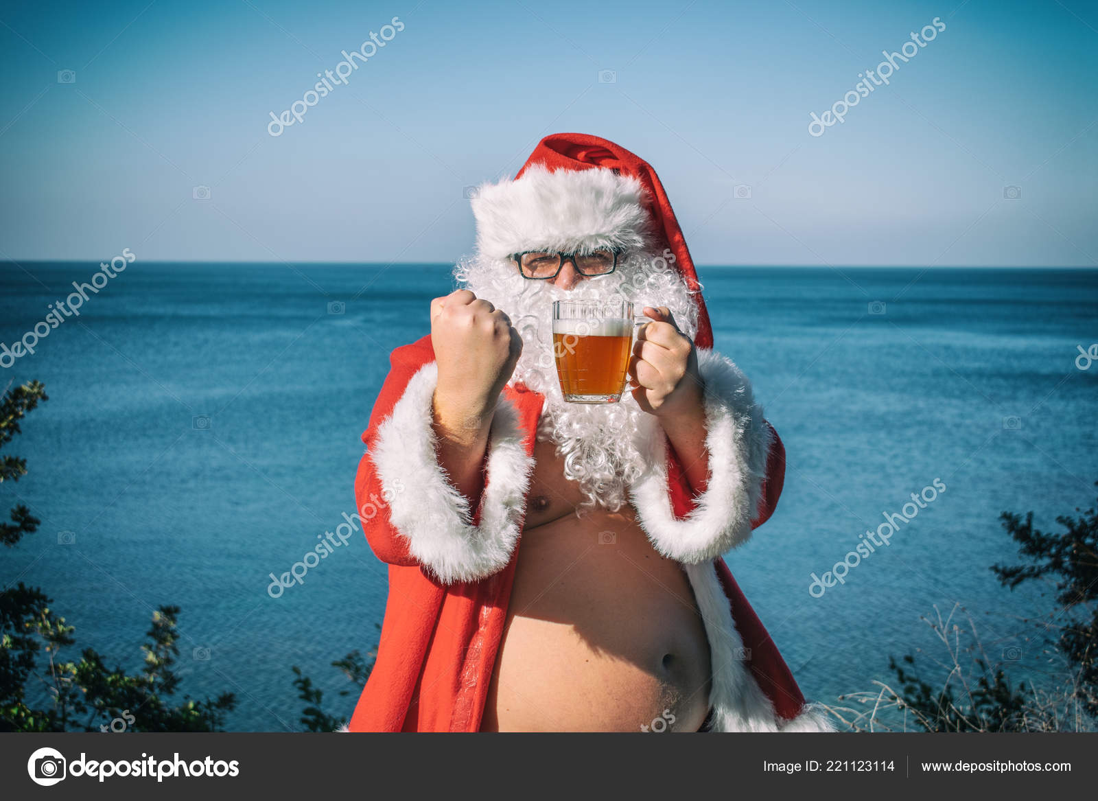 Fat Man Dressed Santa Drinking Beer Ocean Stock Photo by ©DmitryTkachev ...