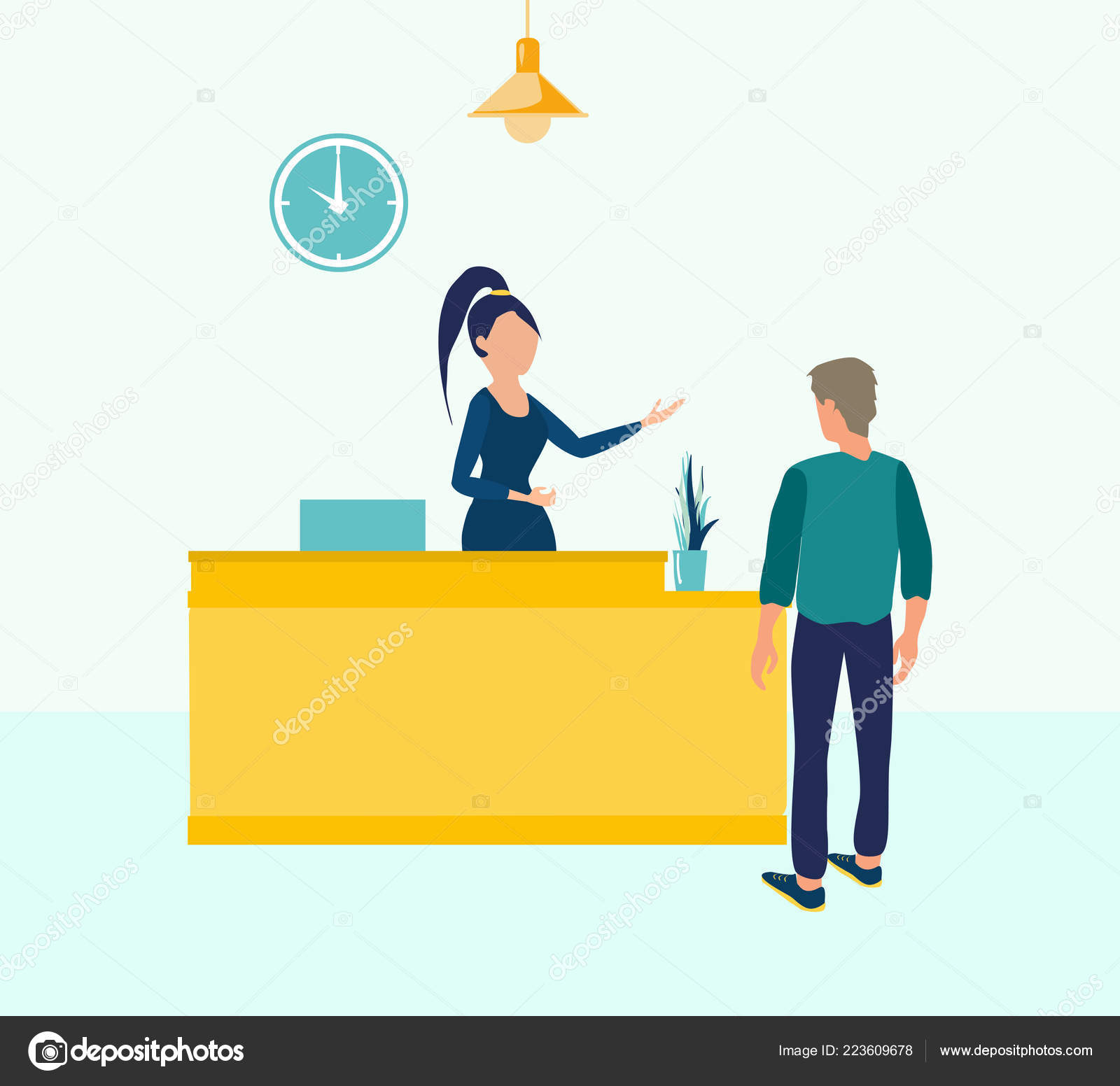 Klant bij de receptie. Jonge vrouw receptioniste permanent bij receptie ...