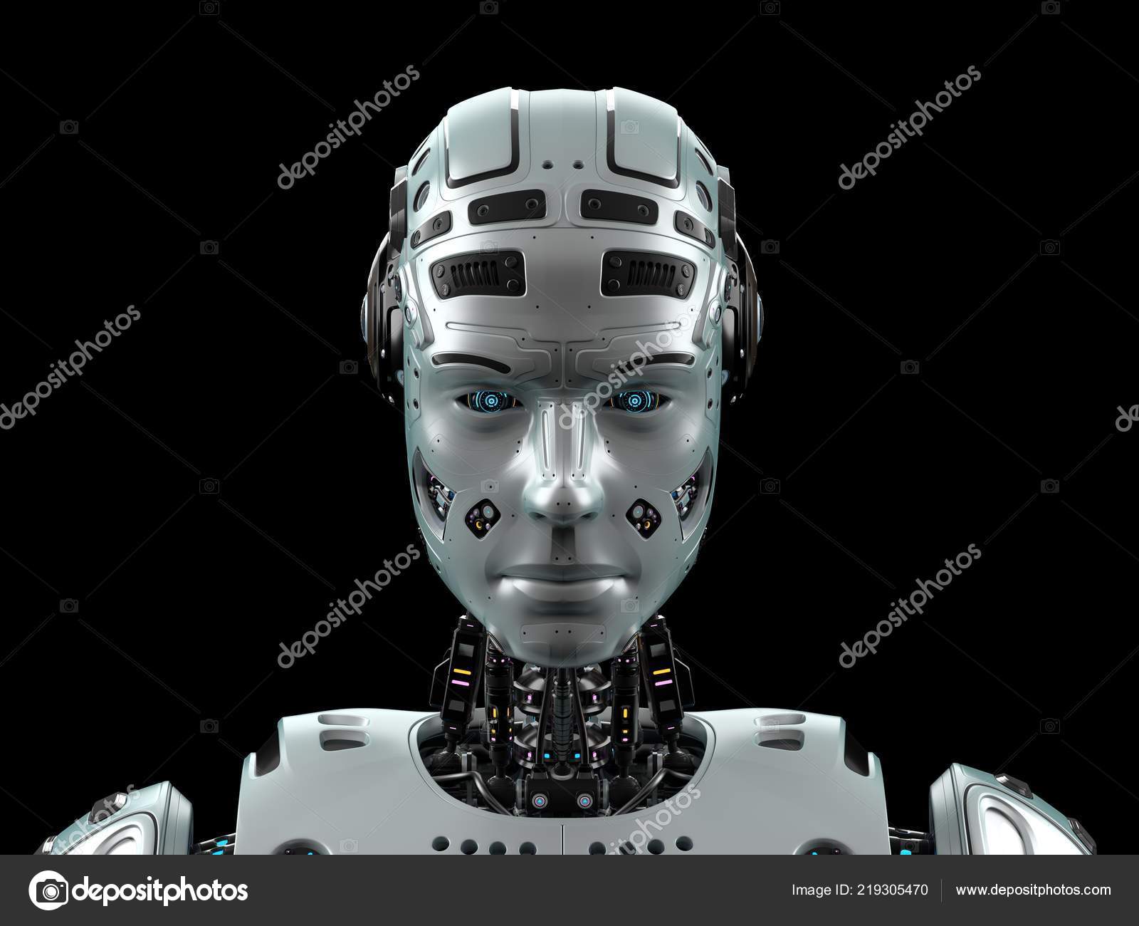 Extremely Detailed Robot Face Cyborg Head Front View Isolated Black ...