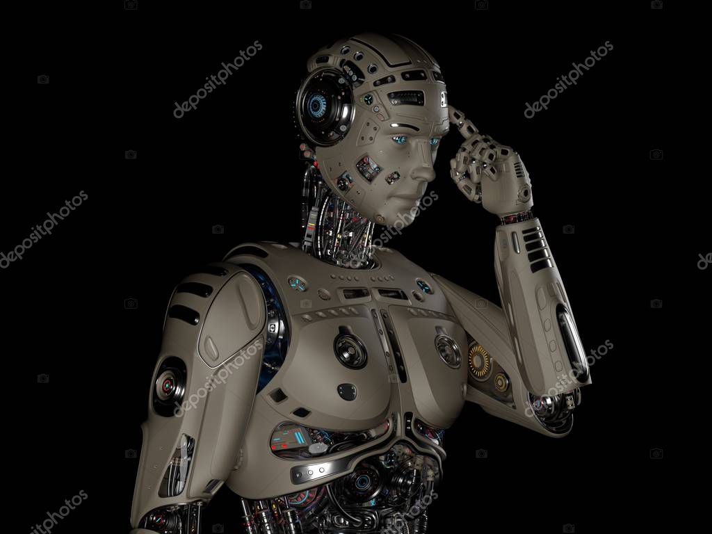 Robot tocándose la frente o cyborg humanoide muy detallado invita a la ...