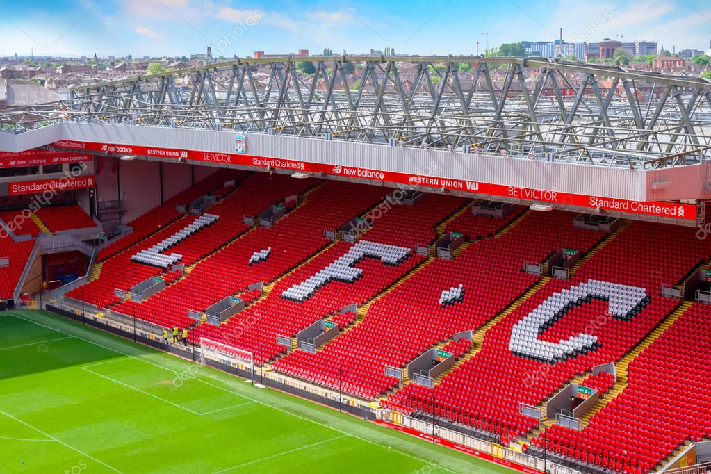 LIVERPOOL, REINO UNIDO - 17 DE MAYO DE 2018: Estadio Anfield, sede del ...
