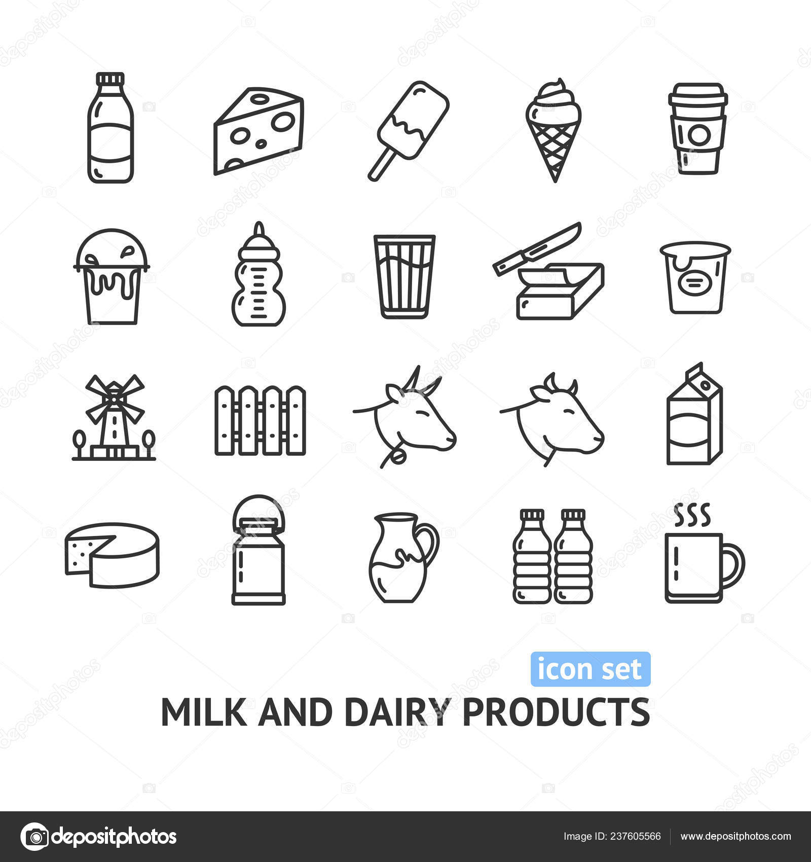 Milk Dairy Products Signs Black Thin Line Icon Set. Vector Stock Vector ...