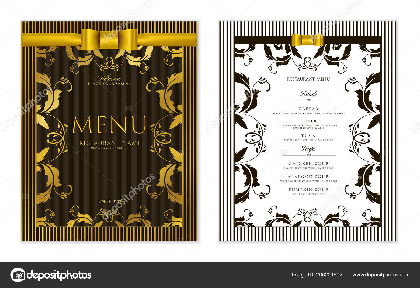 Design Restaurant Menu Template Gold Floral Border Frame Black Stripy ...