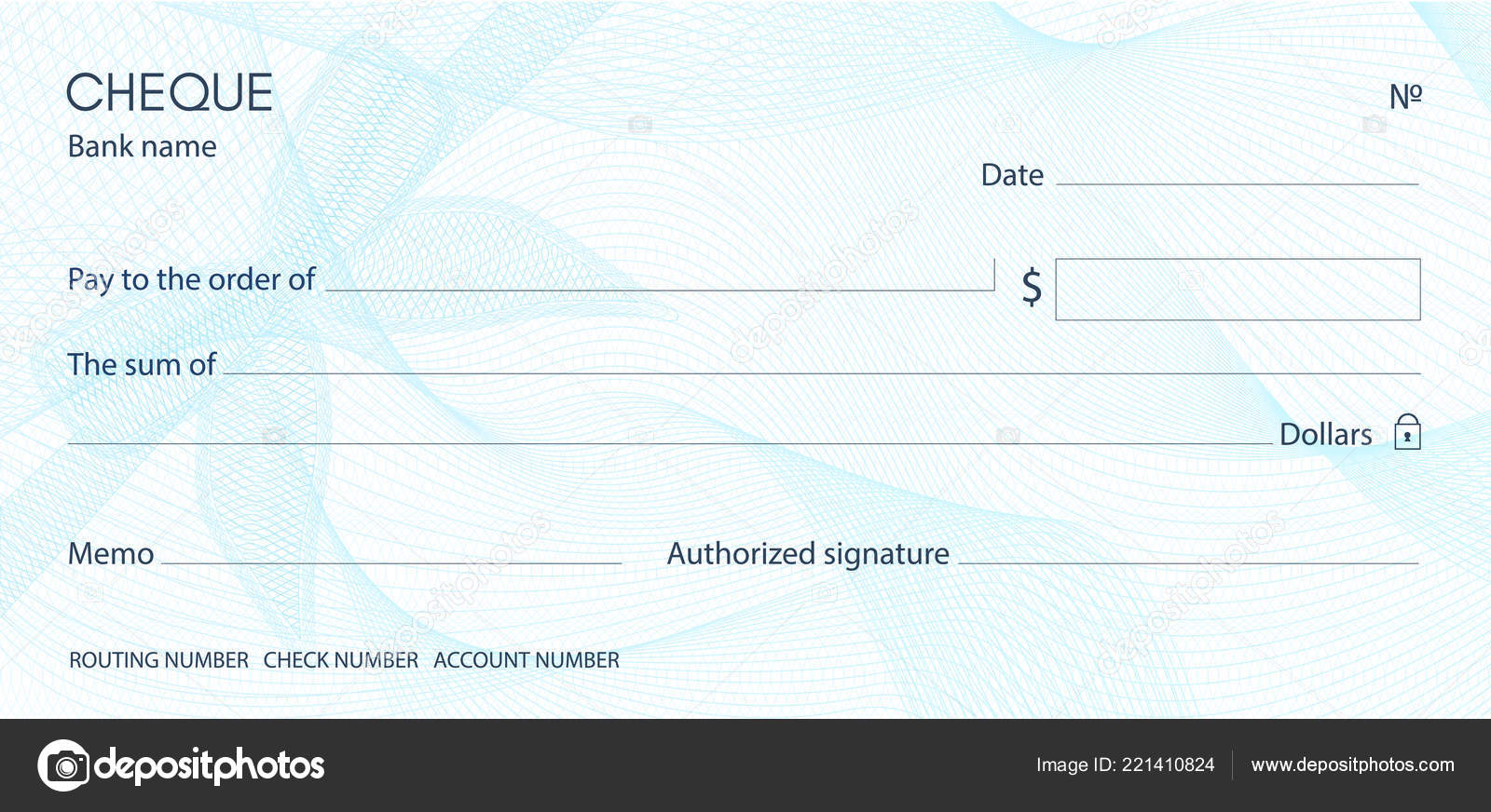 Check Cheque Chequebook Template Guilloche Pattern Blue Bow Watermark ...