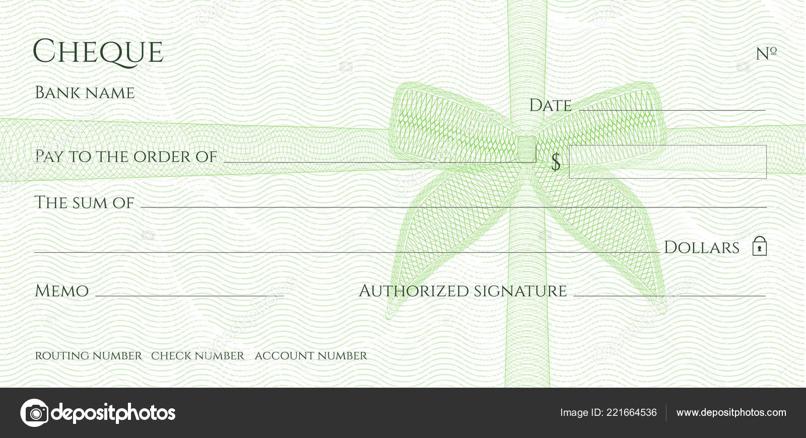 Check Cheque Chequebook Template Guilloche Pattern Green Bow Ribbon ...
