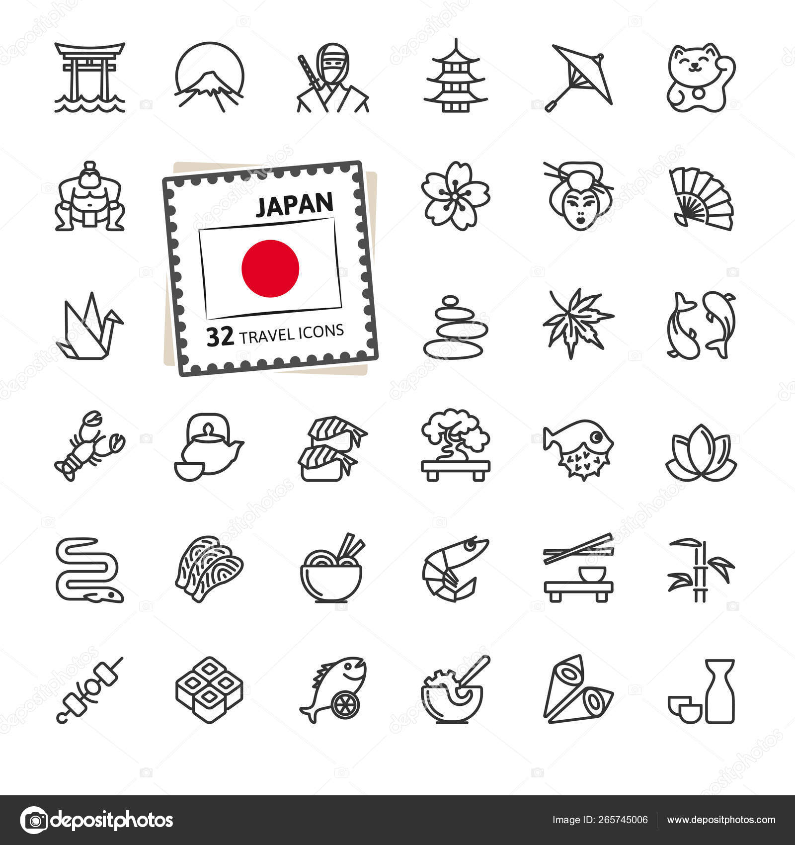Japan Japanese Minimal Thin Line Web Icon Set Outline Icons Stock ...