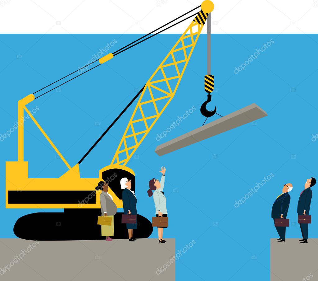 Hombres y mujeres ocupados personas que intentan cerrar la brecha de g nero utilizando una gr a ...