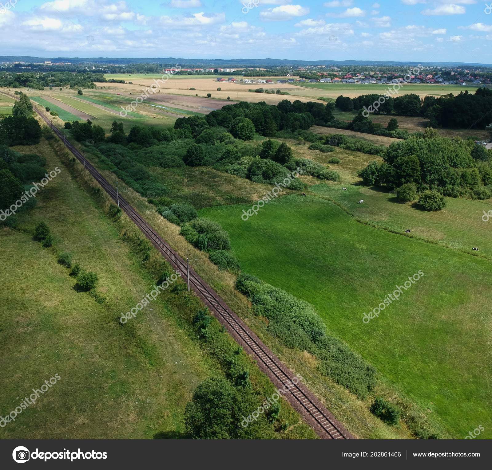 Electric Railroad Green Natural Environment Meadows Trees Grass Aerial ...