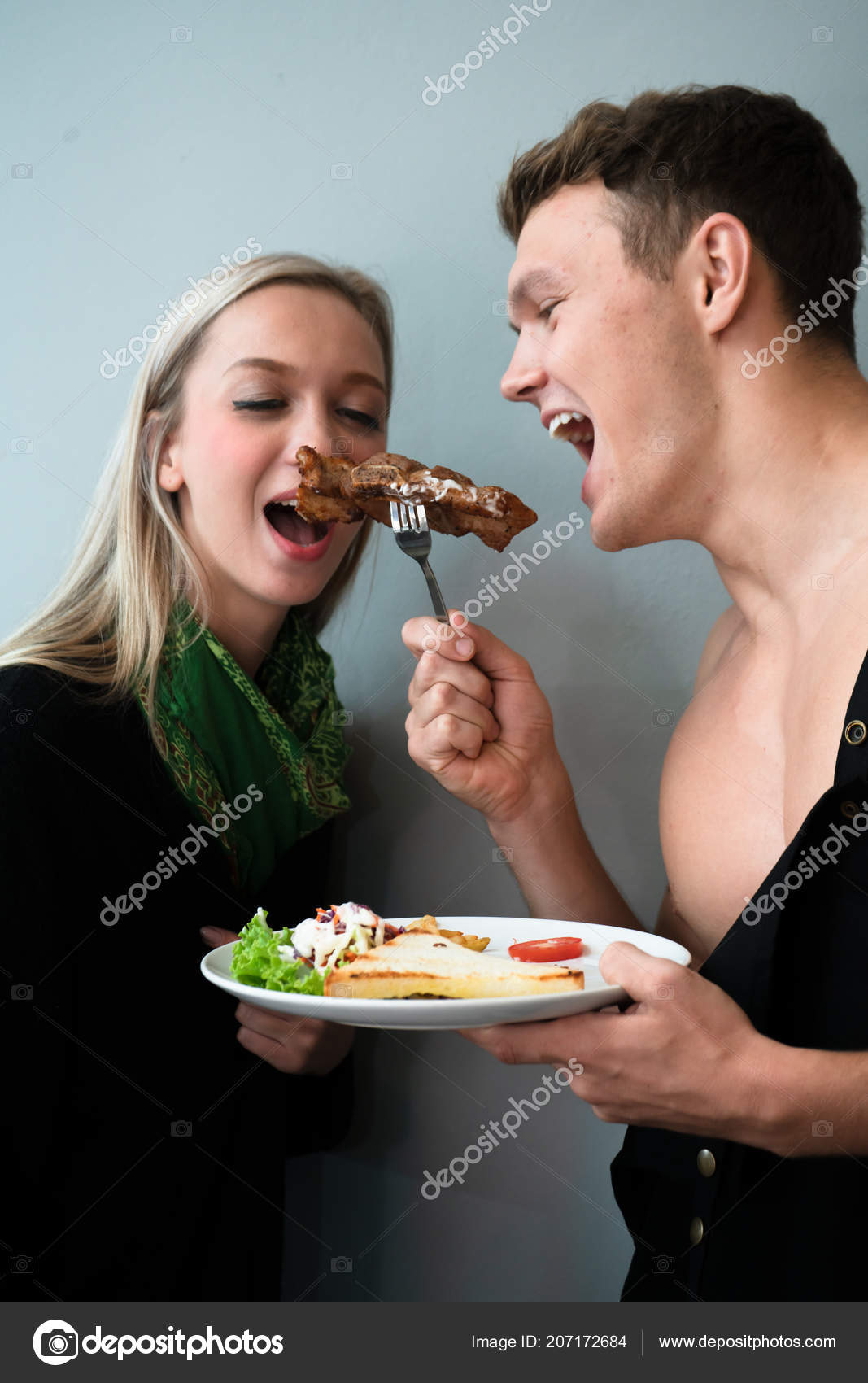 Couple Eating Steak Young Asian Man Woman Using Smart