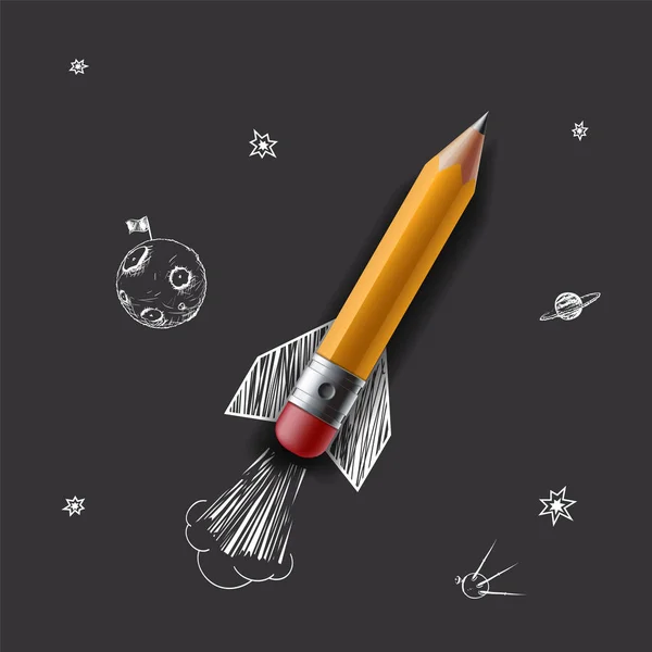 Education. Rocket ship launch with pencils - sketch on the blackboard ...