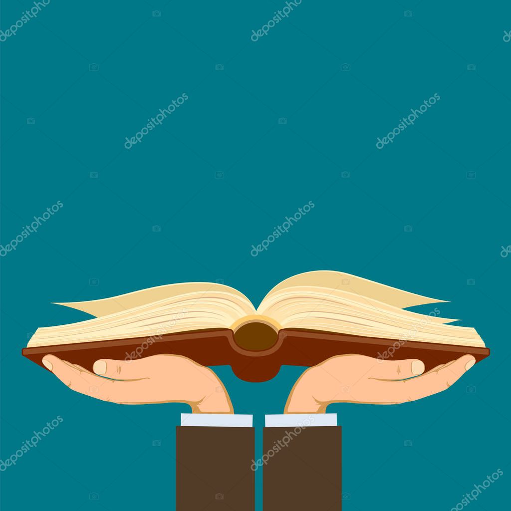 Las manos humanas sostienen un libro abierto, ilustración vectorial. 2023