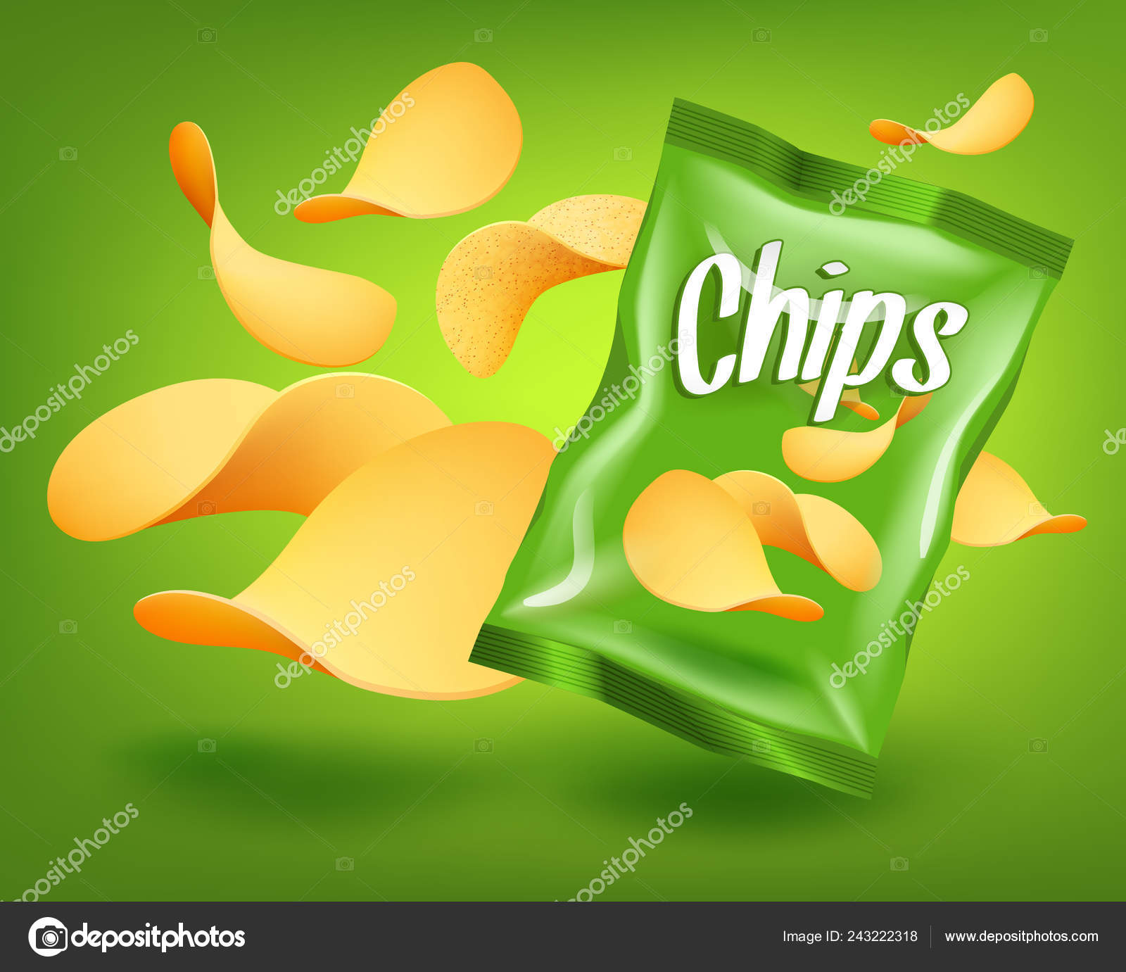 Green chips package mockup with yellow crispy snacks, advertising ...
