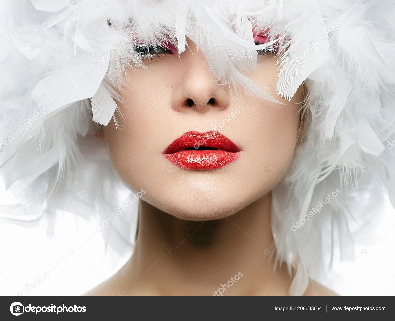 Portrait Beautiful Girl White Feathers Young Sexy Woman Red Lips ...