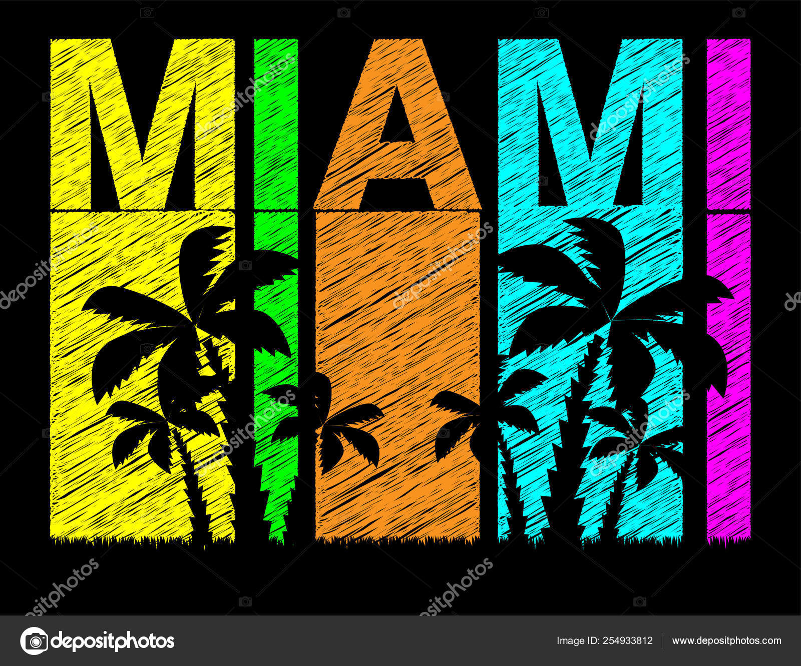 Miami Colorful Lettering Black Palms Trees Travel Postcard Stock Vector ...
