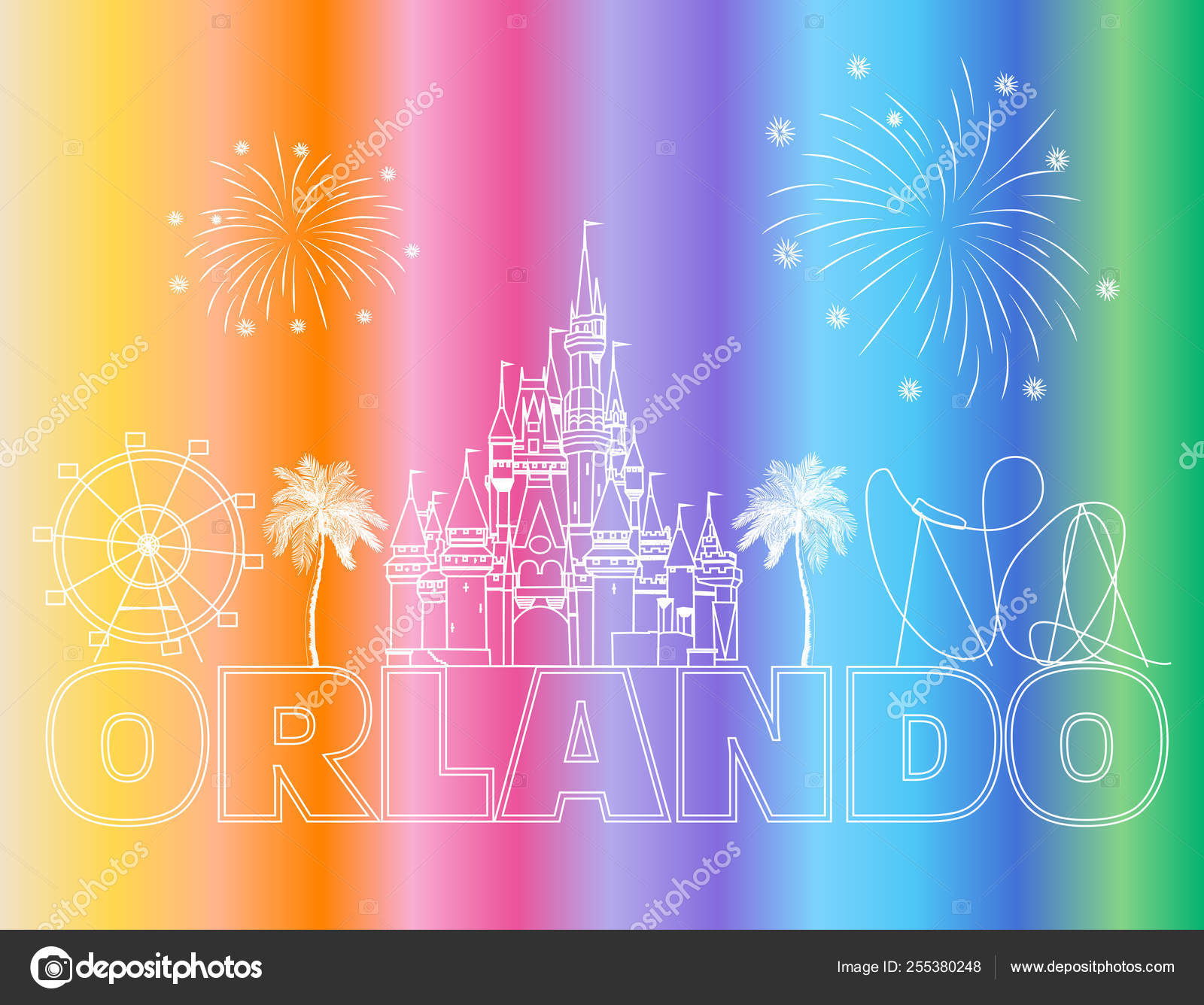 Orlando White Lettering Colorful Backround Vector Travel Icons ...