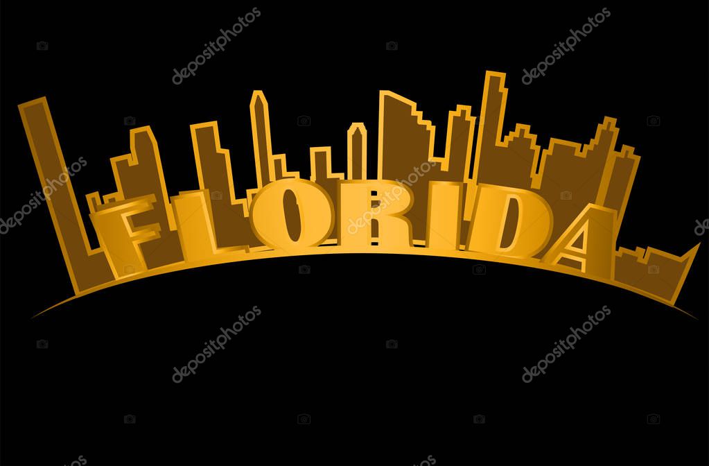 Florida letras en la silueta de oro de la ciudad de Miami, fondo negro ...