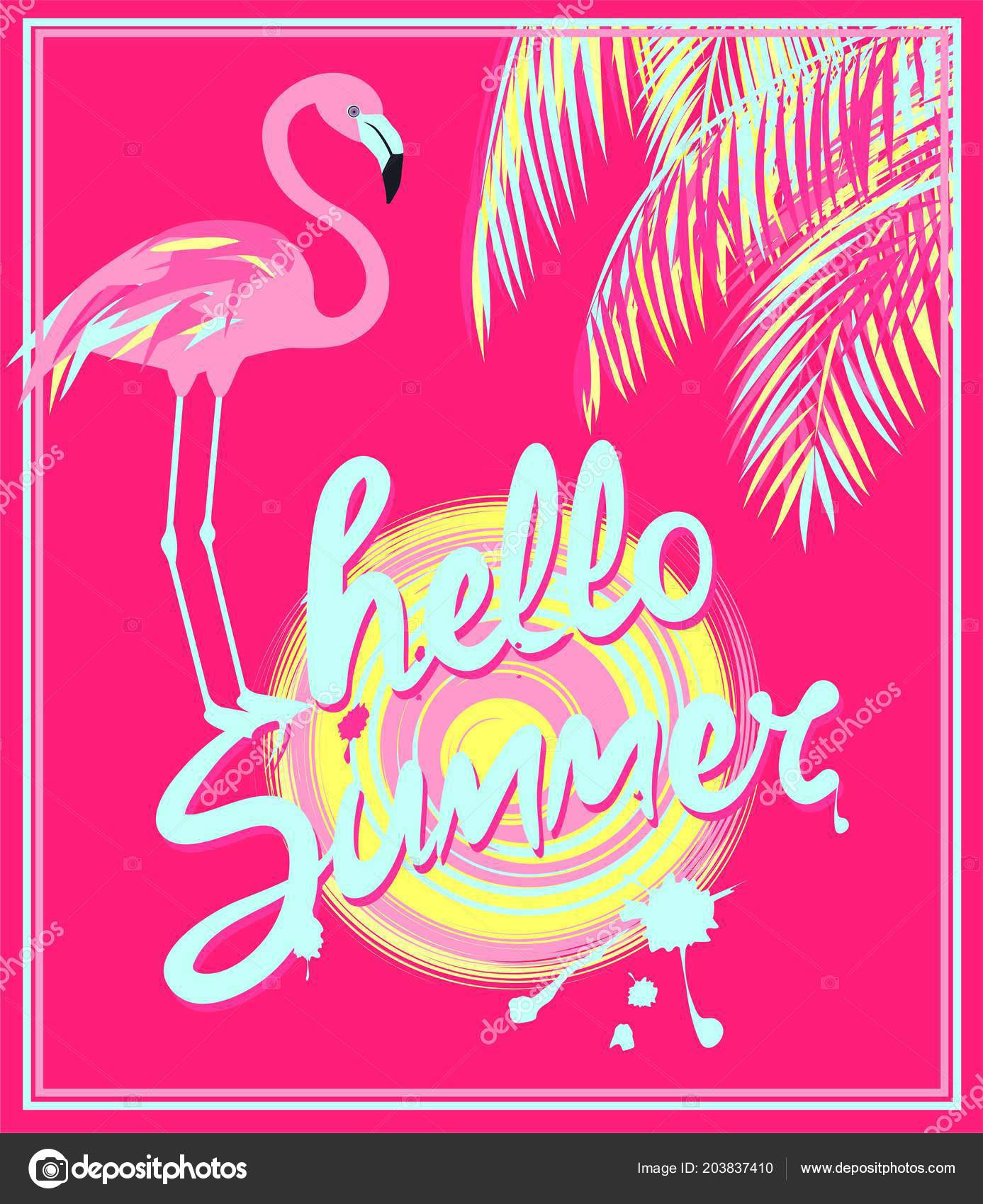 Pink Banner Mint Color Hello Summer Hand Drawing Lettering Sun Stock ...