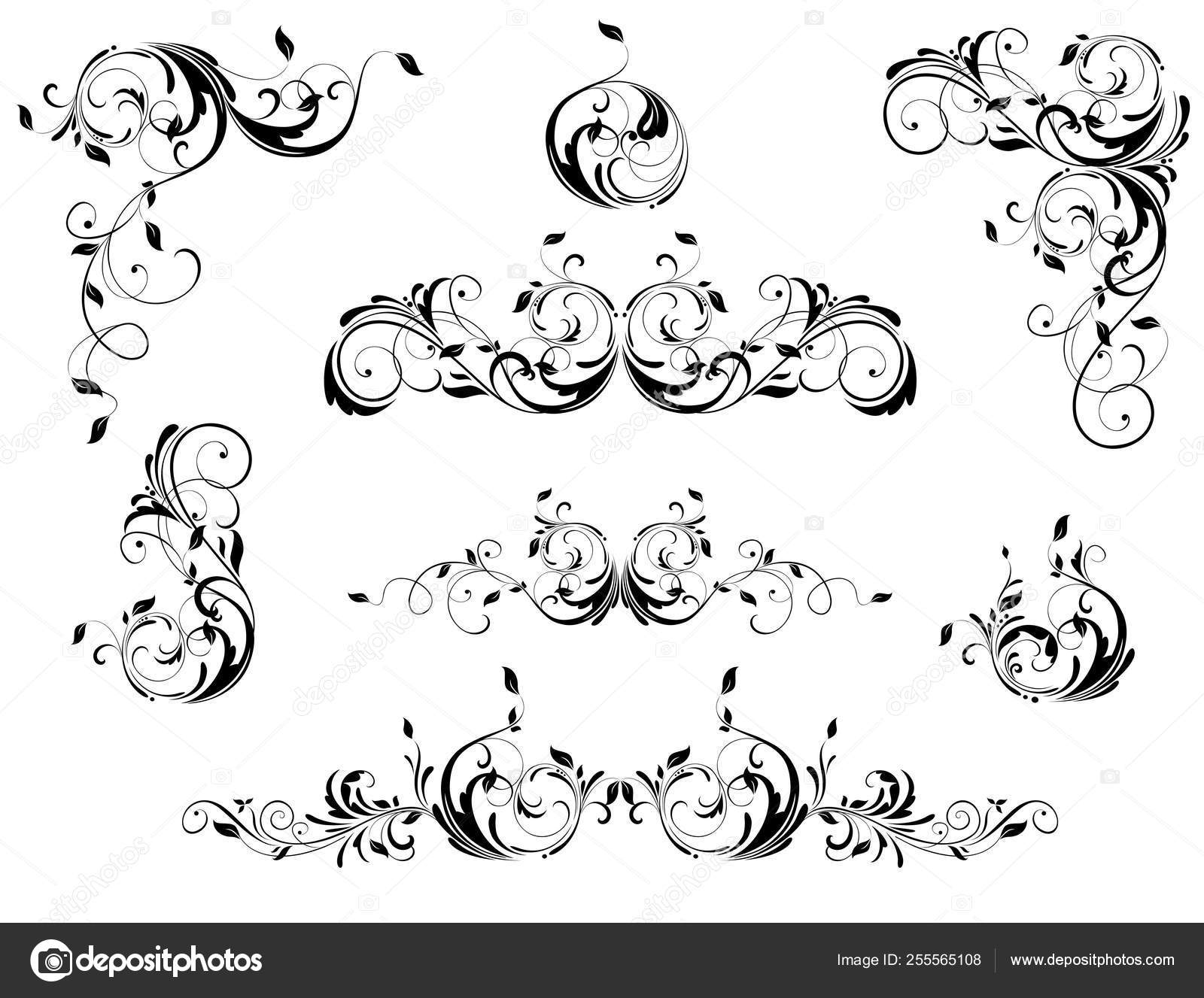 Vintage Floral Borders Angles Headers Vector Set Black White Retro ...