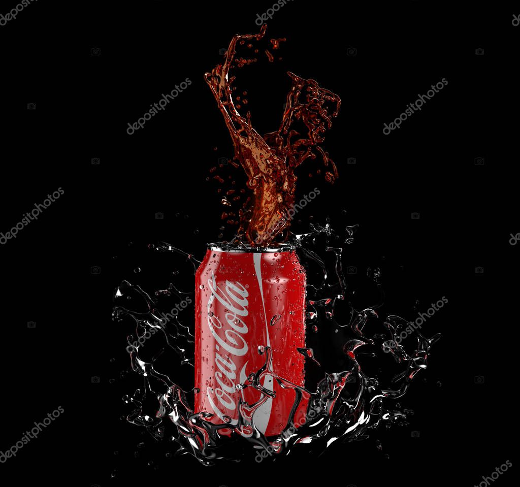 6 de octubre de 2019 Ilustración de lata de Coca-Cola con salpicadura ...