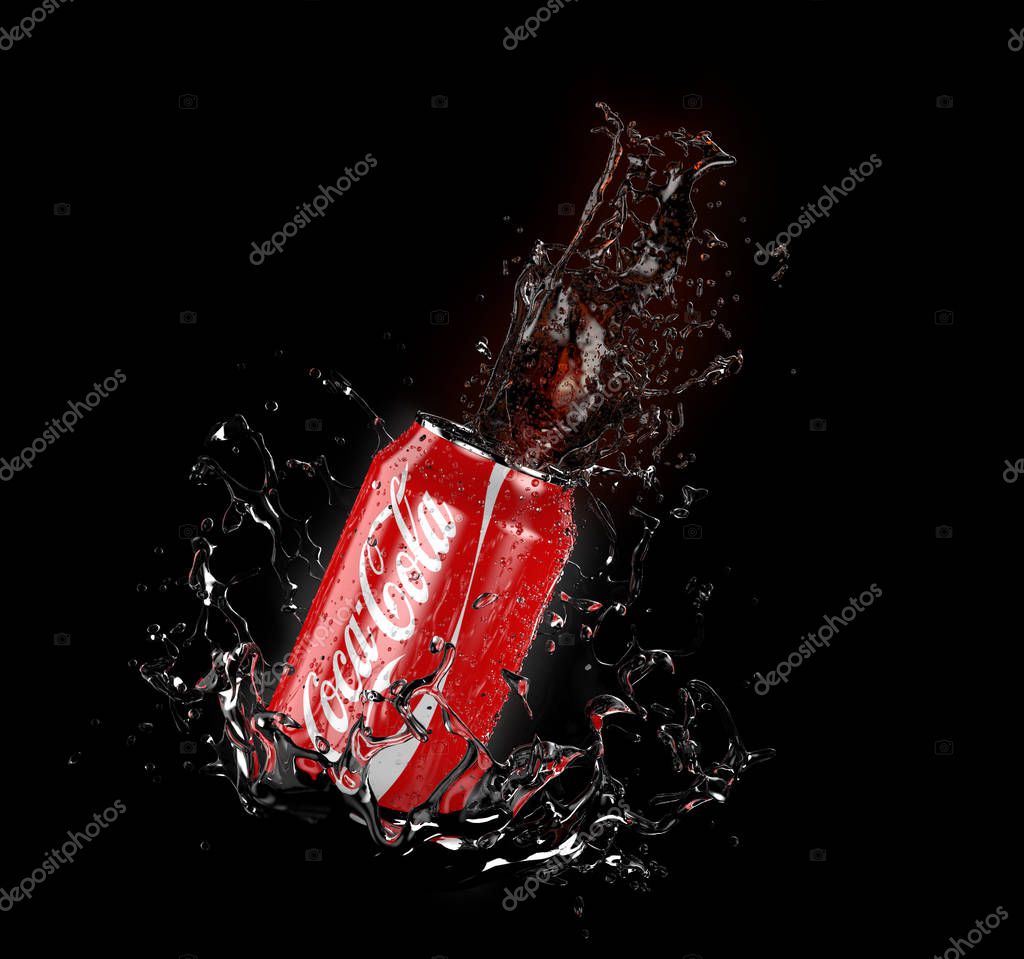 6 de octubre de 2019 Ilustración de lata de Coca-Cola con salpicadura ...