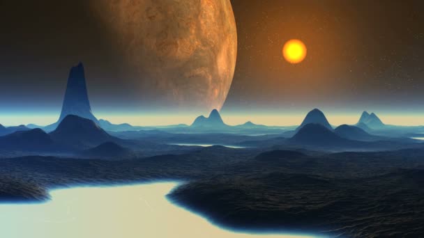 Sunset Alien Planet Bright Sun Halo Quickly Sits Misty Horizon — Stock ...