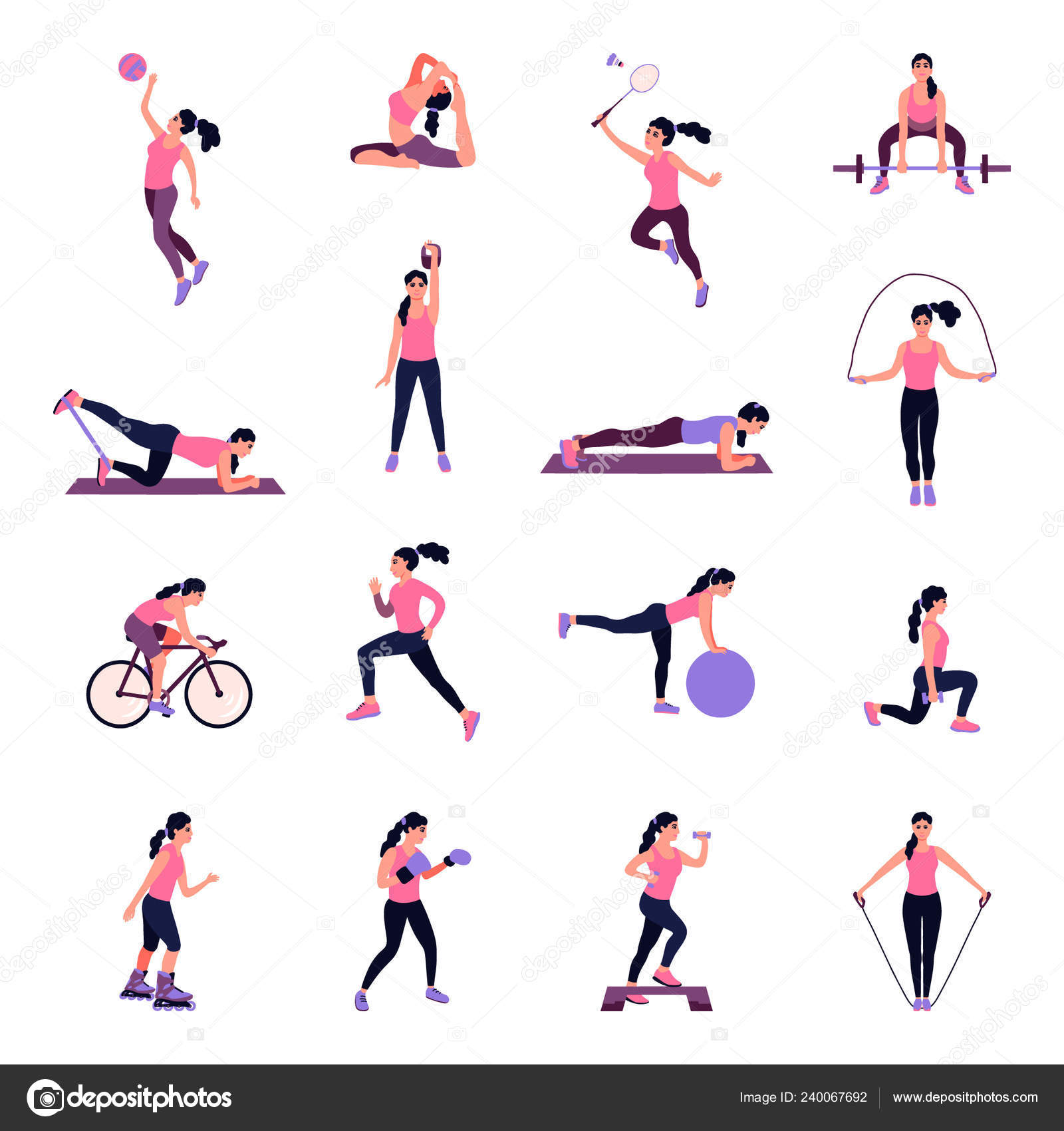 Collection Young Women Performing Various Physical Activities Stock ...