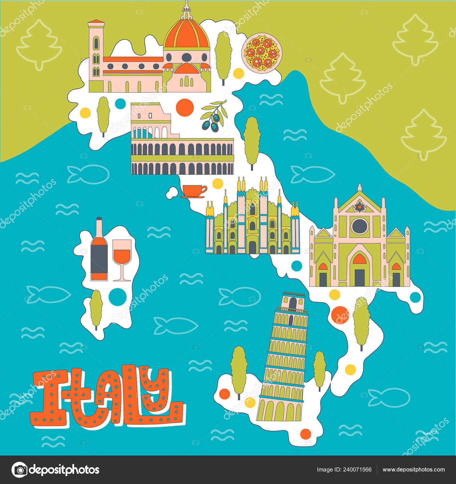 Italy Cartoon Travel Vector Map Symbols Other Decorative Poster Flat ...