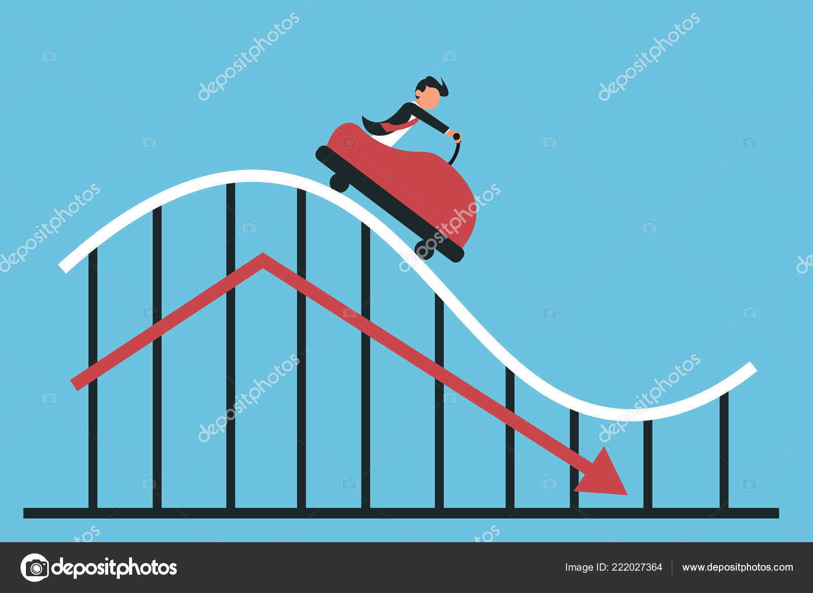 Flat Design Man Riding Rollercoaster Diagram Decreasing Line Arrow Blue ...