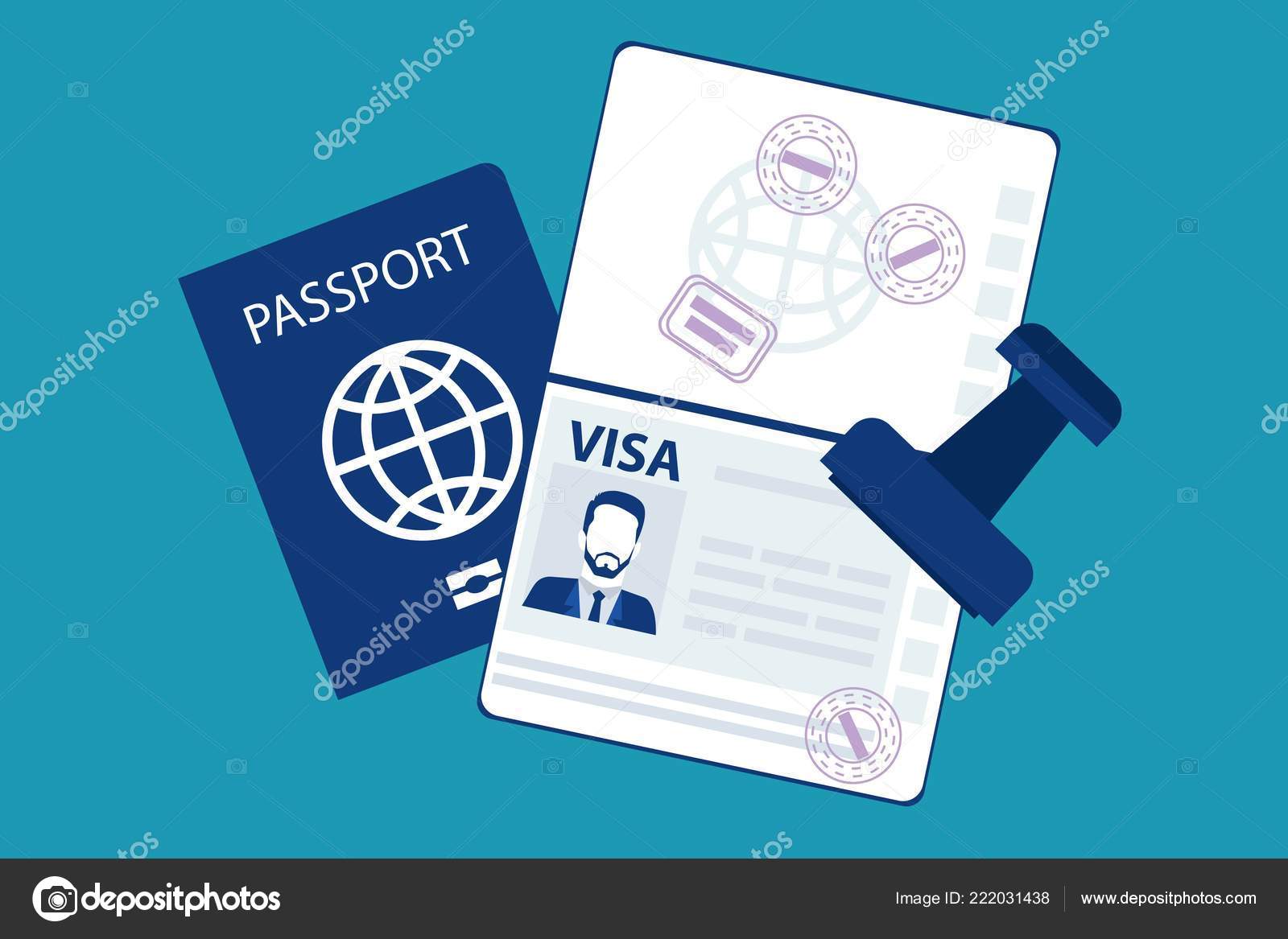 Passport Biometric Data Visa Stamps Isolated Blue Background ...