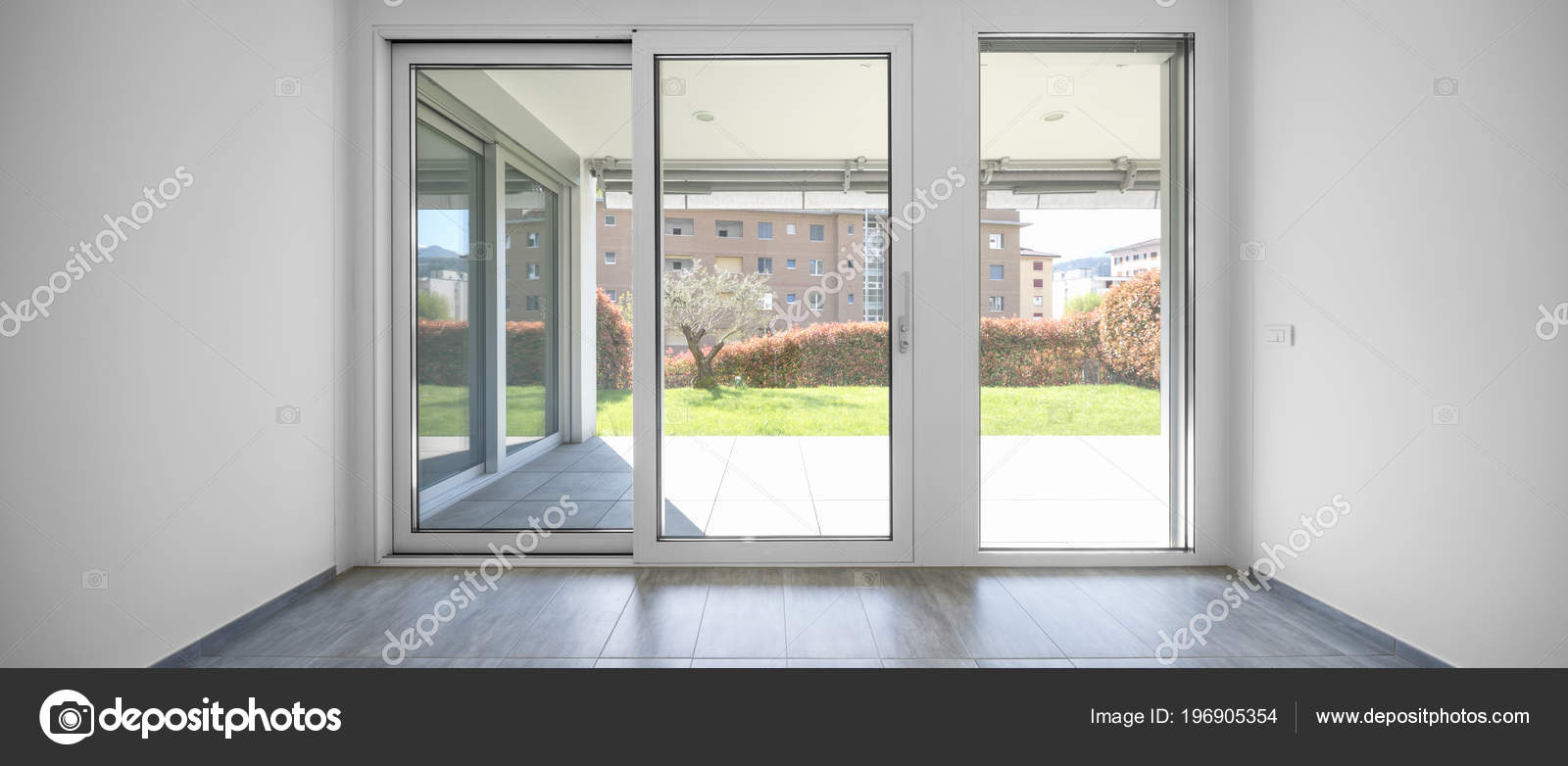 Modern Apartment Large Bright Windows View Green Garden Stock Photo by ...