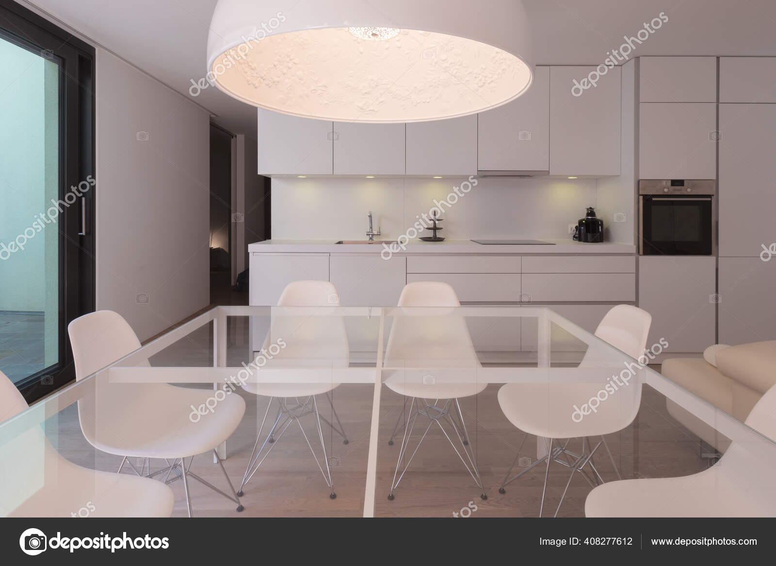 Front View Glass Table Designer Chairs White Minimal Modern Kitchen ...