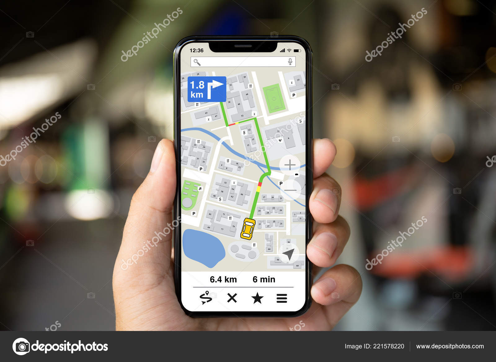 Man Hand Holding Phone App Navigation Map Screen Background City Stock ...