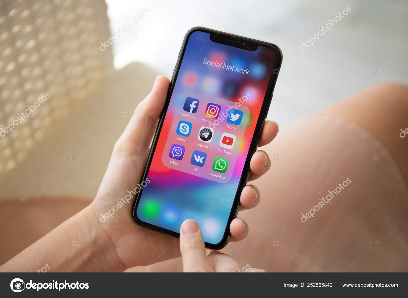 Woman hand holding iPhone X with social networking Messenger – Stock ...