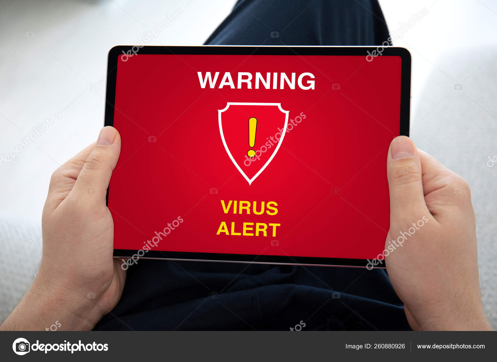 Man hands holding computer tablet with warning virus alert — Stock ...