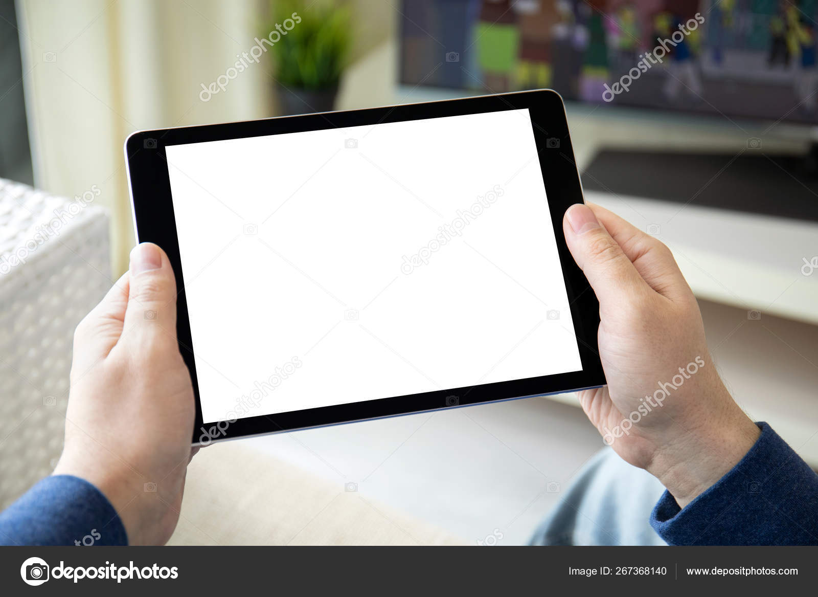 Man hands holding computer tablet with isolated screen in room — Stock ...