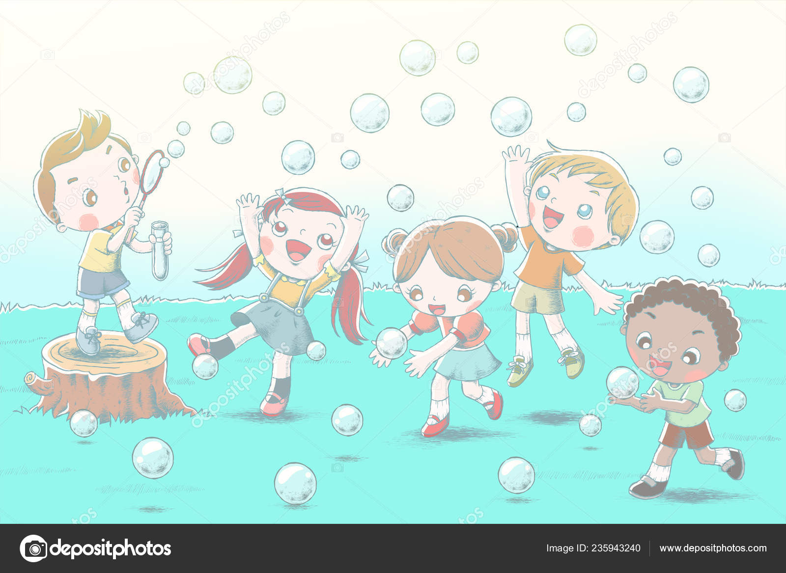 Kids Blowing Bubbles Cartoon