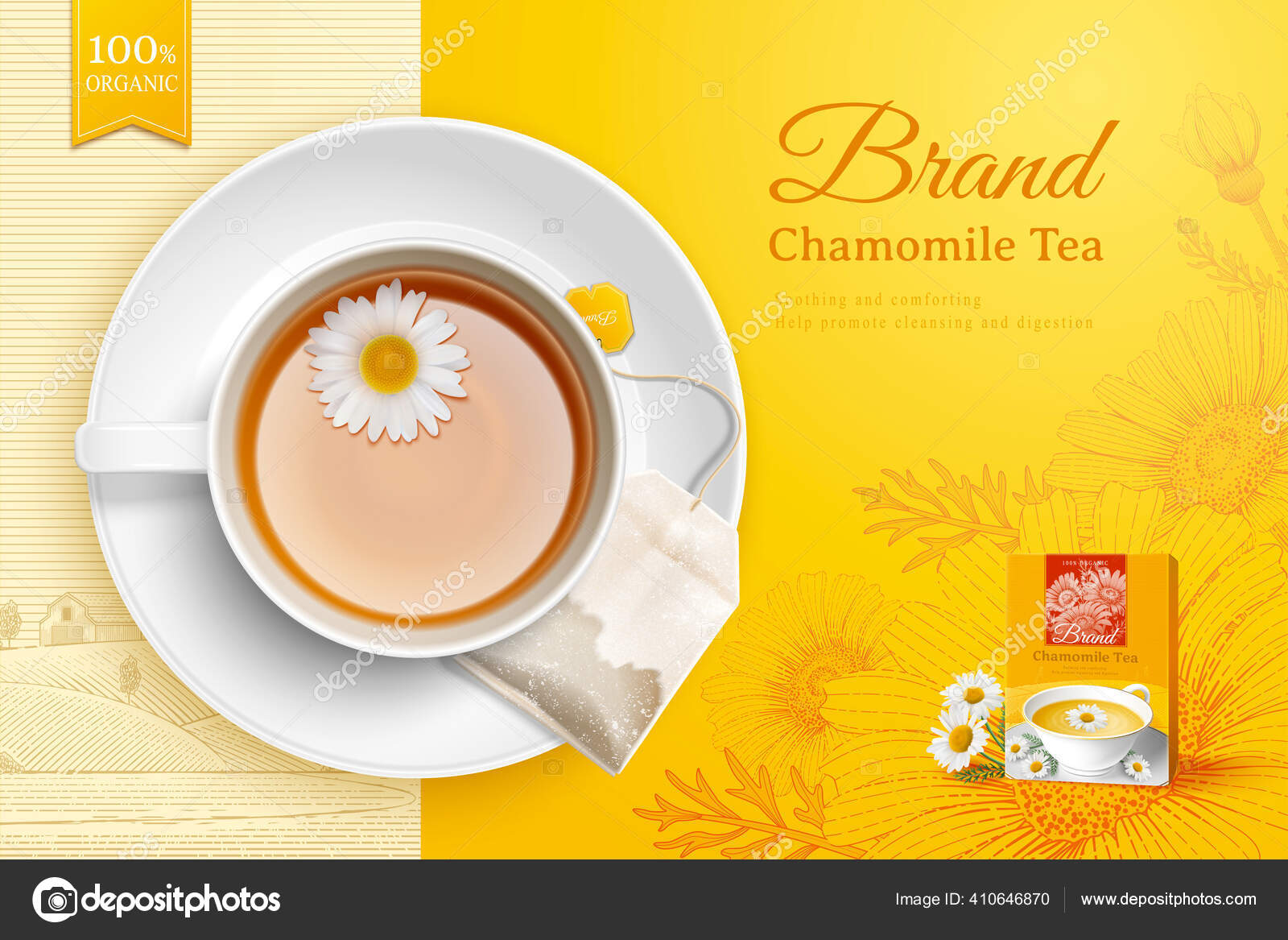 Top View Refreshing Cup Tea Tea Bag Chamomile Flower Illustration Stock ...