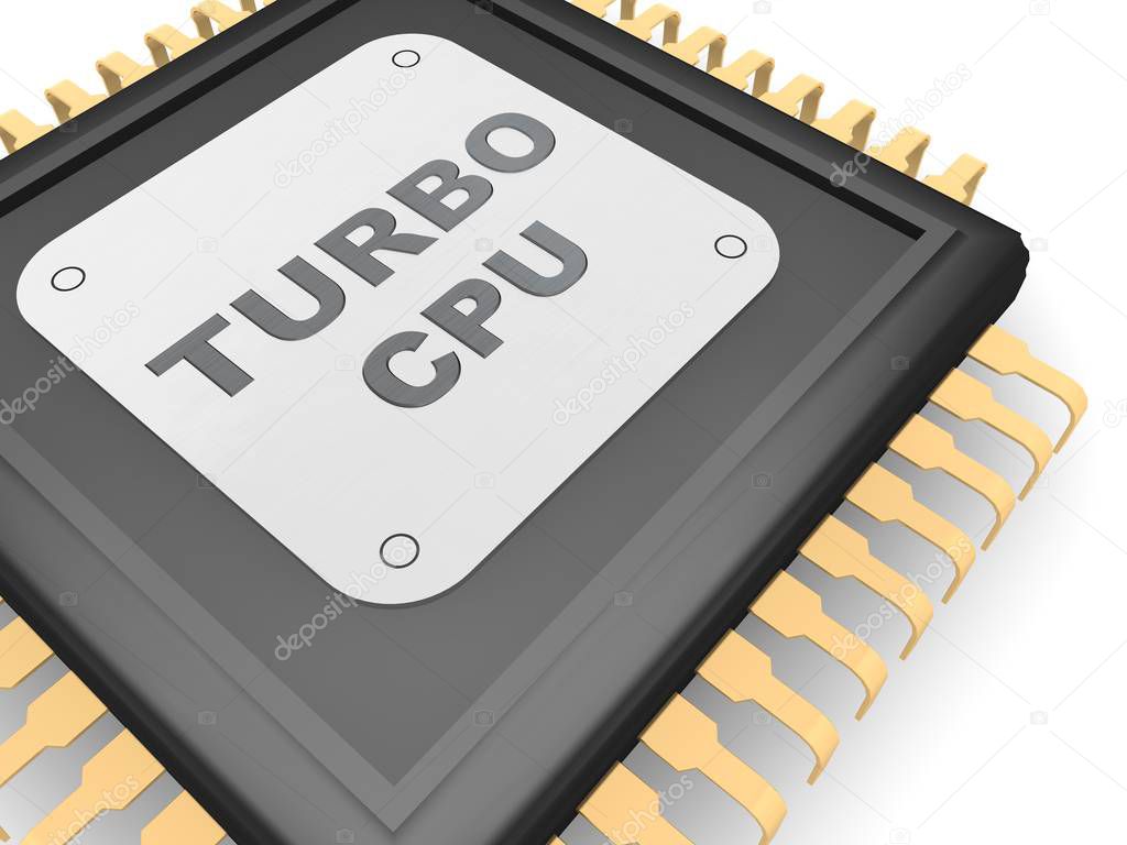 La imagen de CPU negro, contacto de oro, placa de plata y texto de titanio TURBO CPU, un símbolo ...