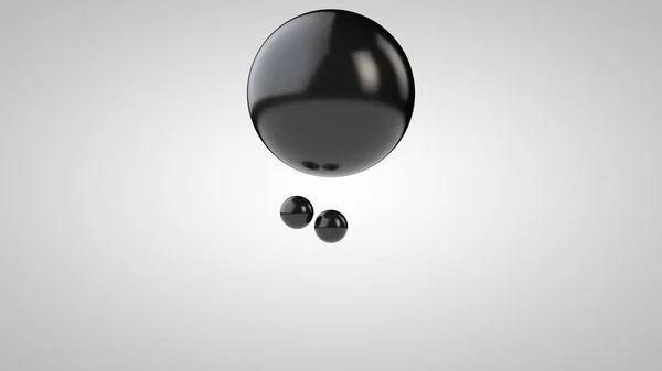 3D illustration of a black, glossy ball surrounded by two small balls ...