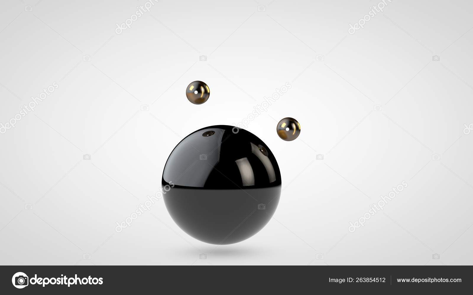 3D illustration of a black, glossy ball surrounded by two small balls ...