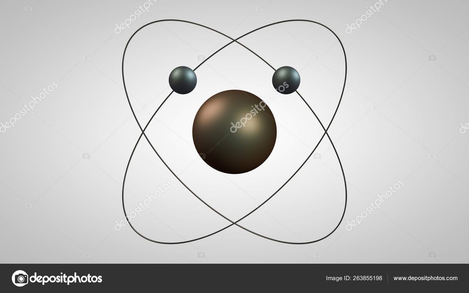 3D illustration of an atom model with a nucleus and two electrons ...