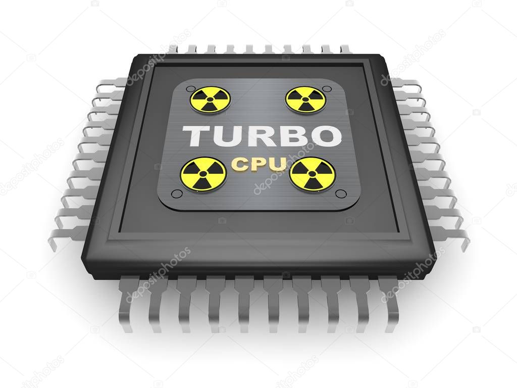 La imagen de CPU negro, con contactos de metal, cuatro signos de radiaci n, turbo de texto ...