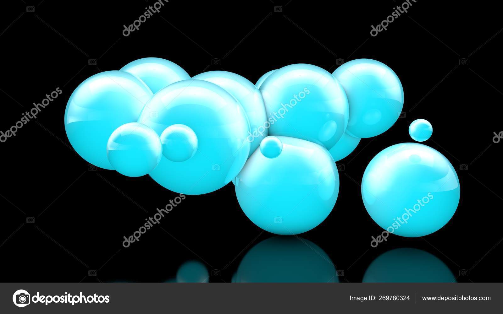 3D illustration of many beautiful blue balls in space on a black ...